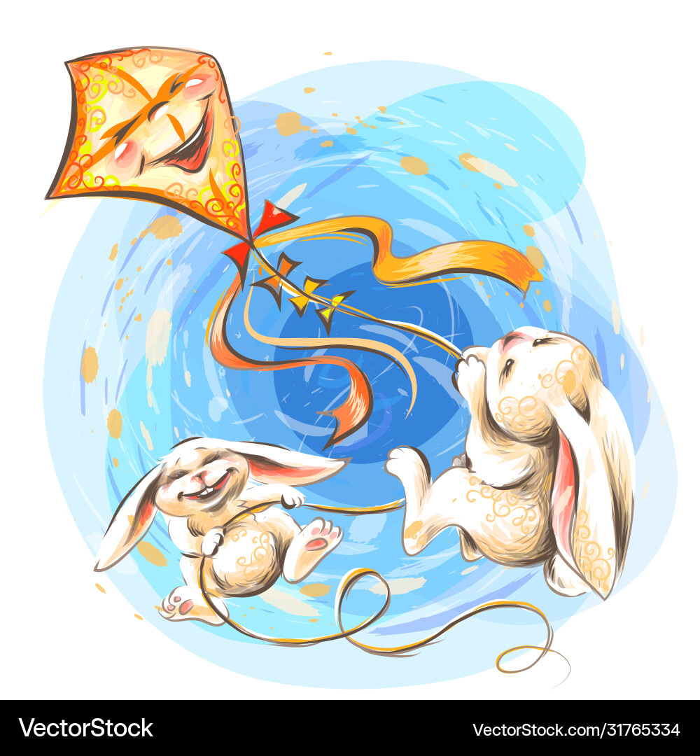 Cute little rabbits fly on a kite Royalty Free Vector Image