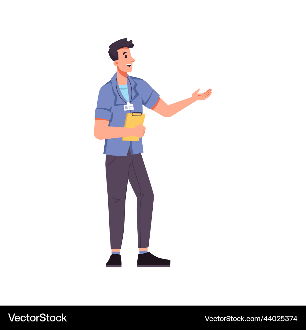 Man with badge pointing aside guide Royalty Free Vector