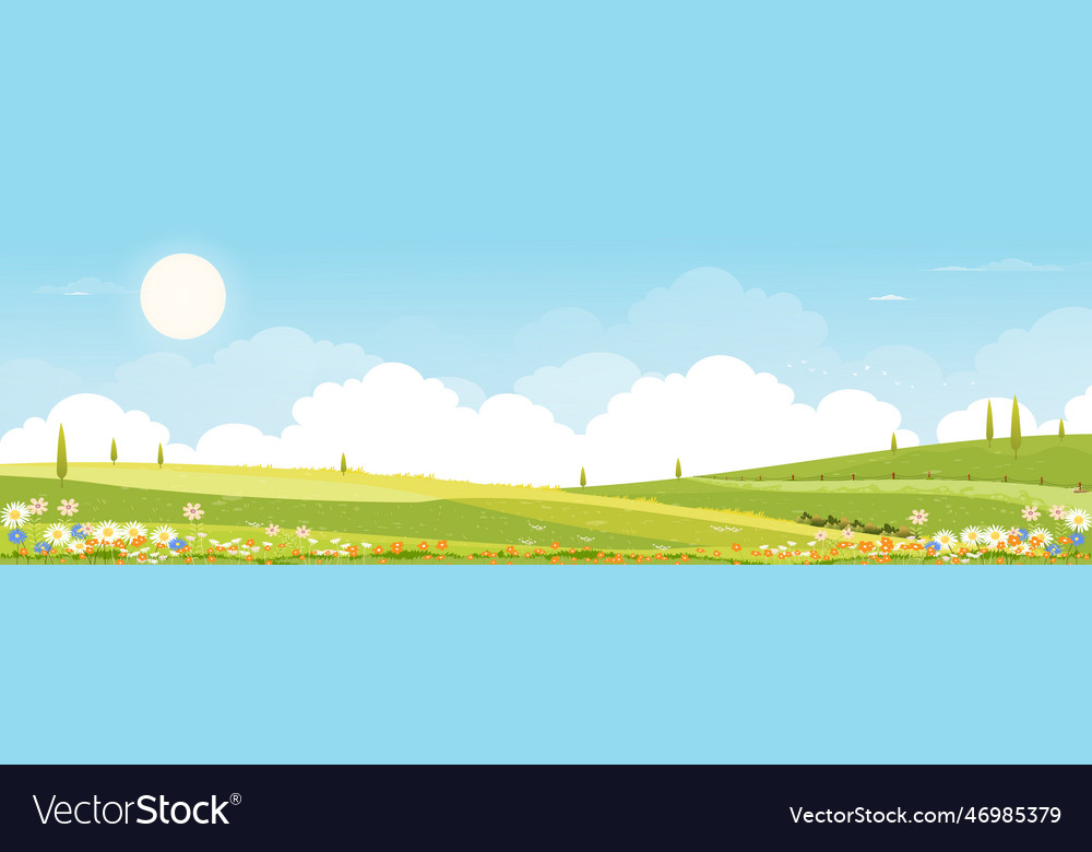 Spring green fields landscape with mountain blue Vector Image Spring green fields landscape with mountain blue Vector Image