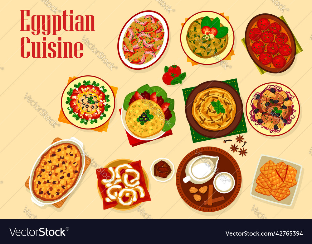 Egyptian cuisine dishes arabian food with dessert Vector Image