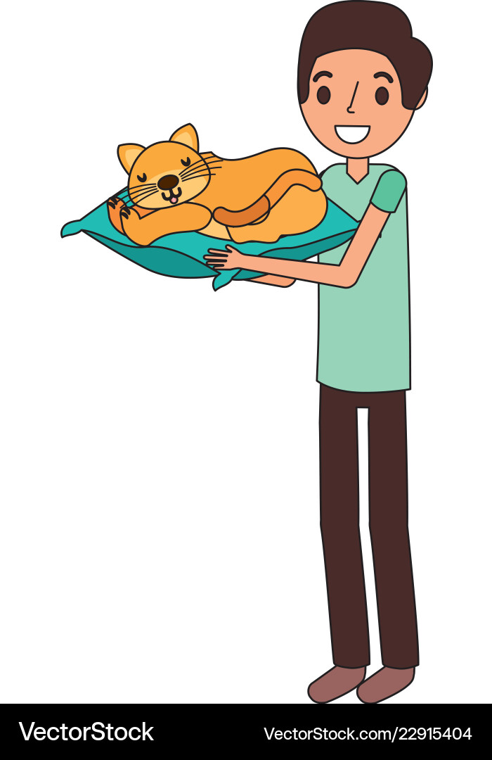 Man holding cat with cushion Royalty Free Vector Image