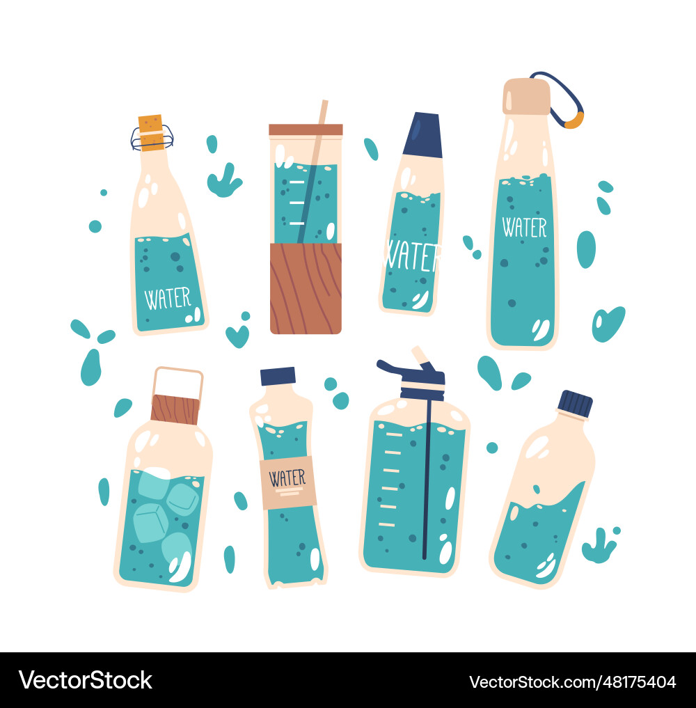 Set of multiple water bottles in various sizes Vector Image