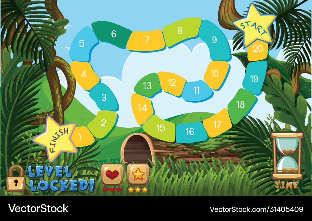 Boardgame template with green forest background Vector Image