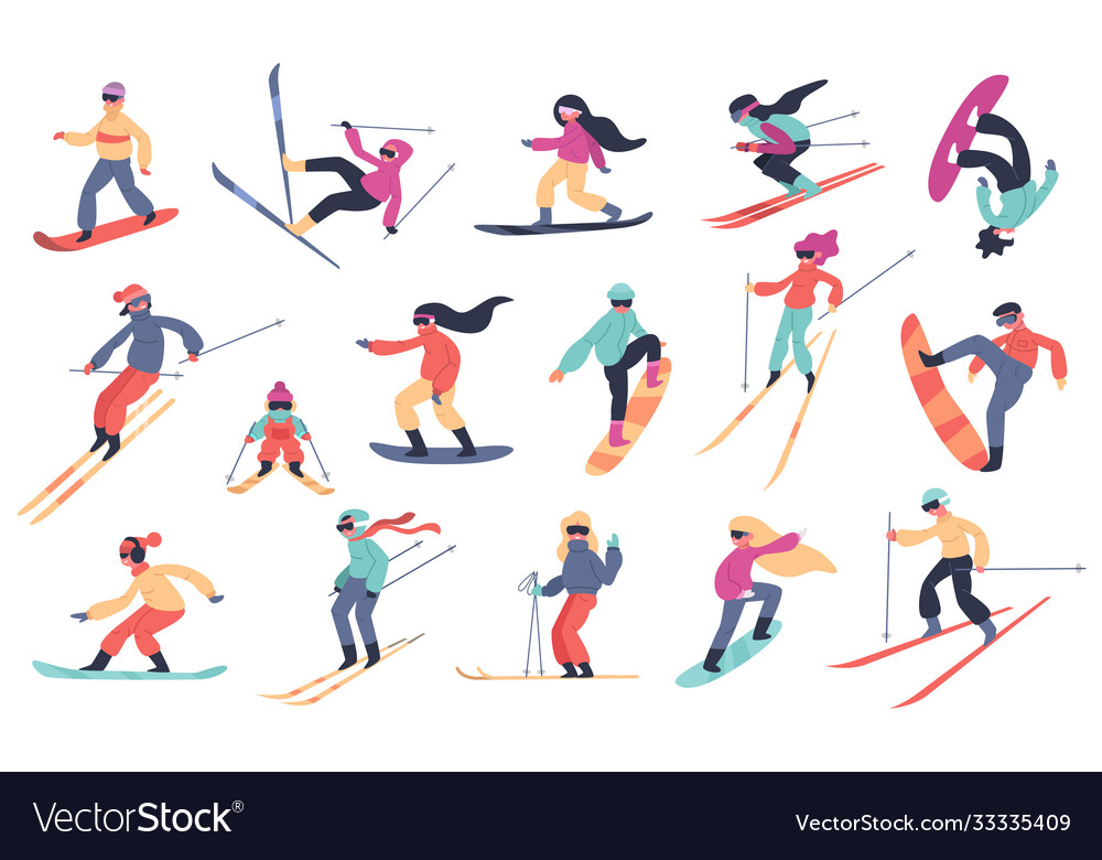 Skiing snowboarding people winter sport Royalty Free Vector