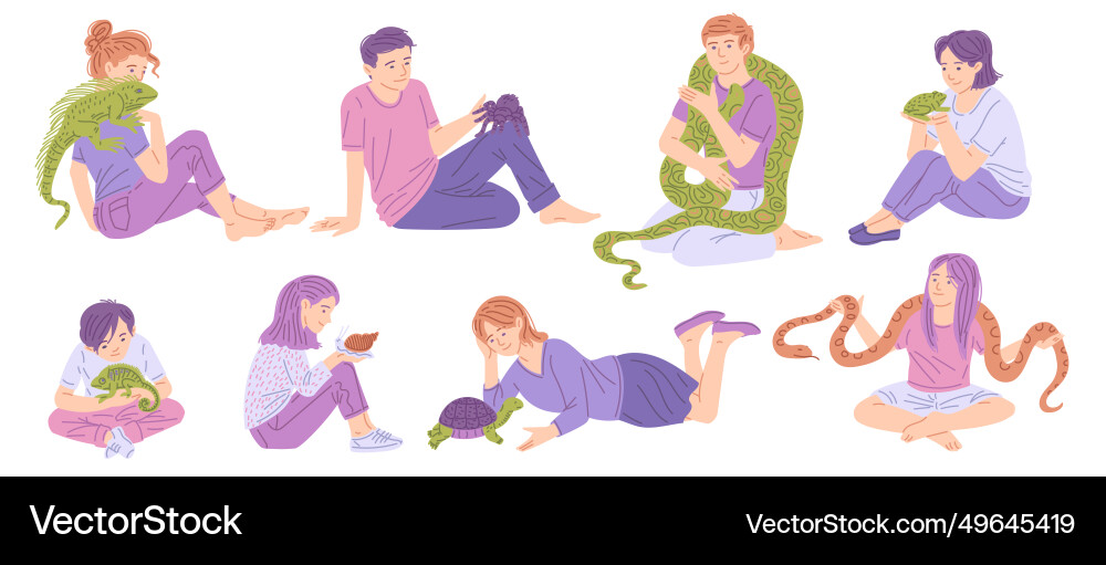 People together with reptile pets set Royalty Free Vector