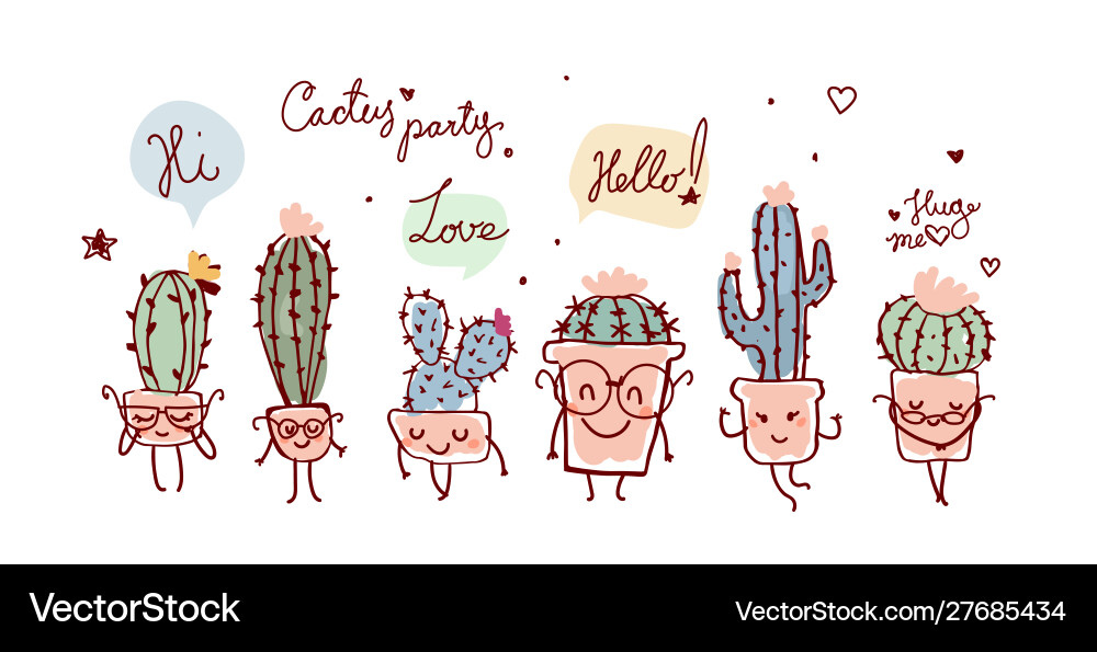 Banner with cute cactus characters positive Vector Image