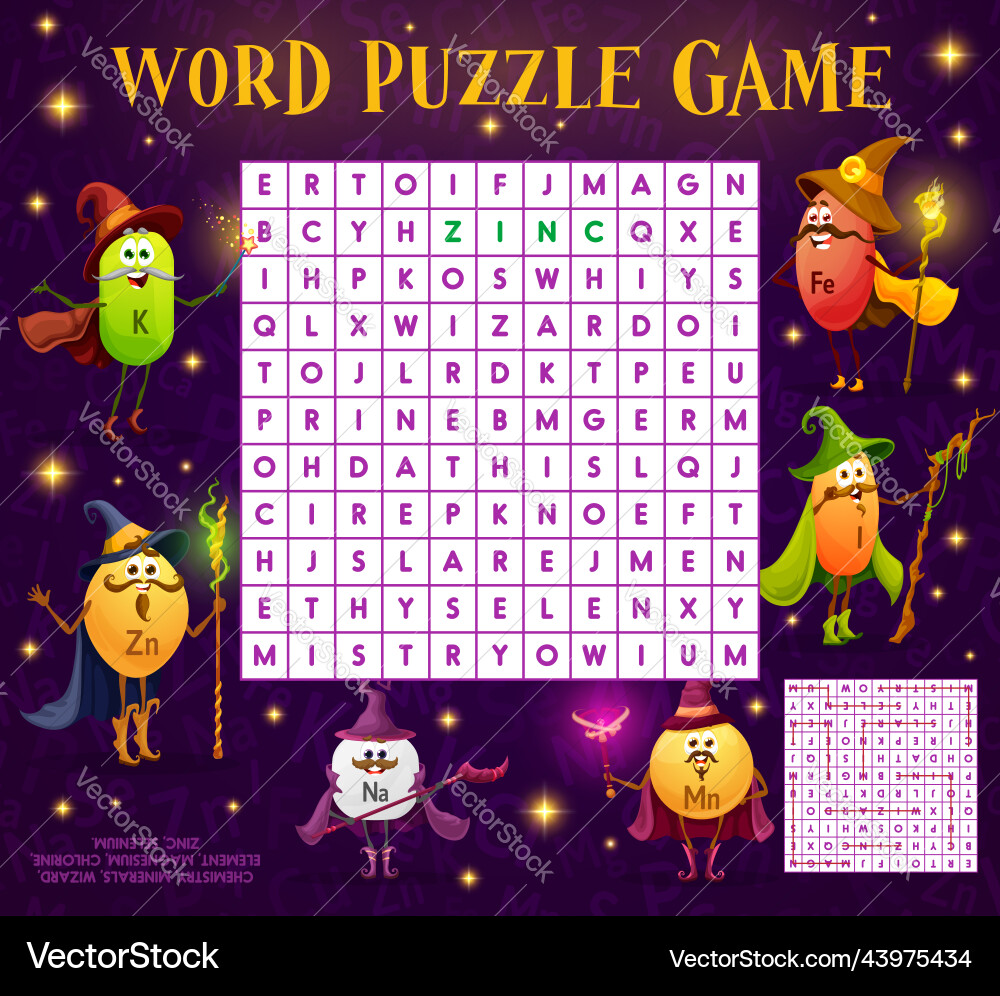 Word search puzzle game micronutrients wizards Vector Image