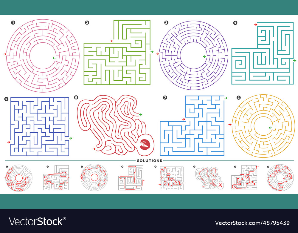 Maze puzzle activities graphs set with solutions Vector Image