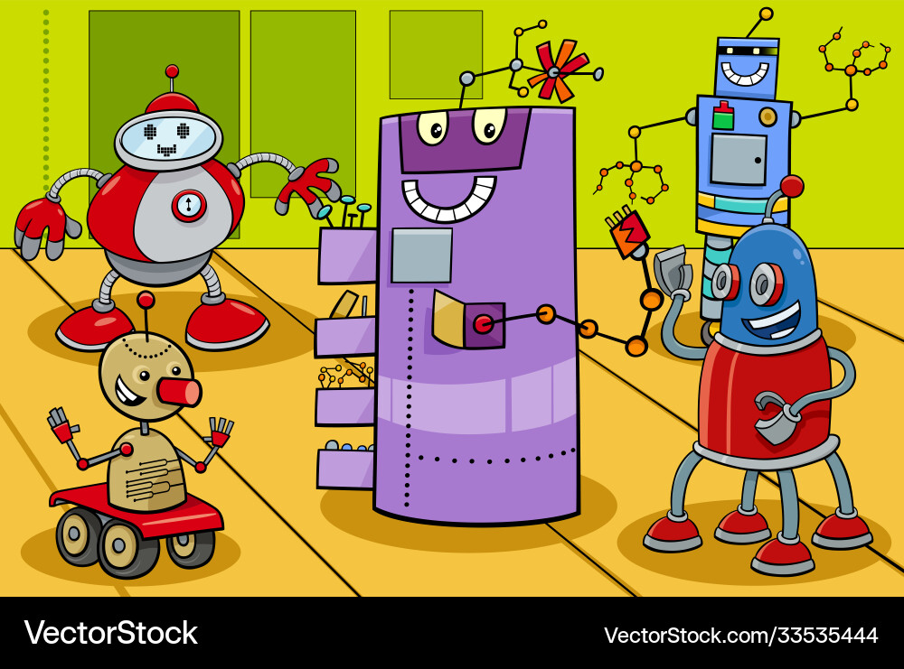 Comic robot characters group cartoon Royalty Free Vector