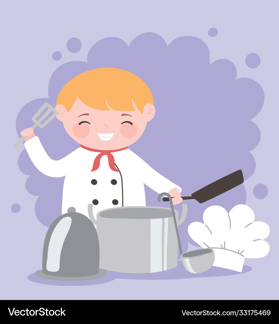 Chef boy cartoon character with fried pan platter Vector Image
