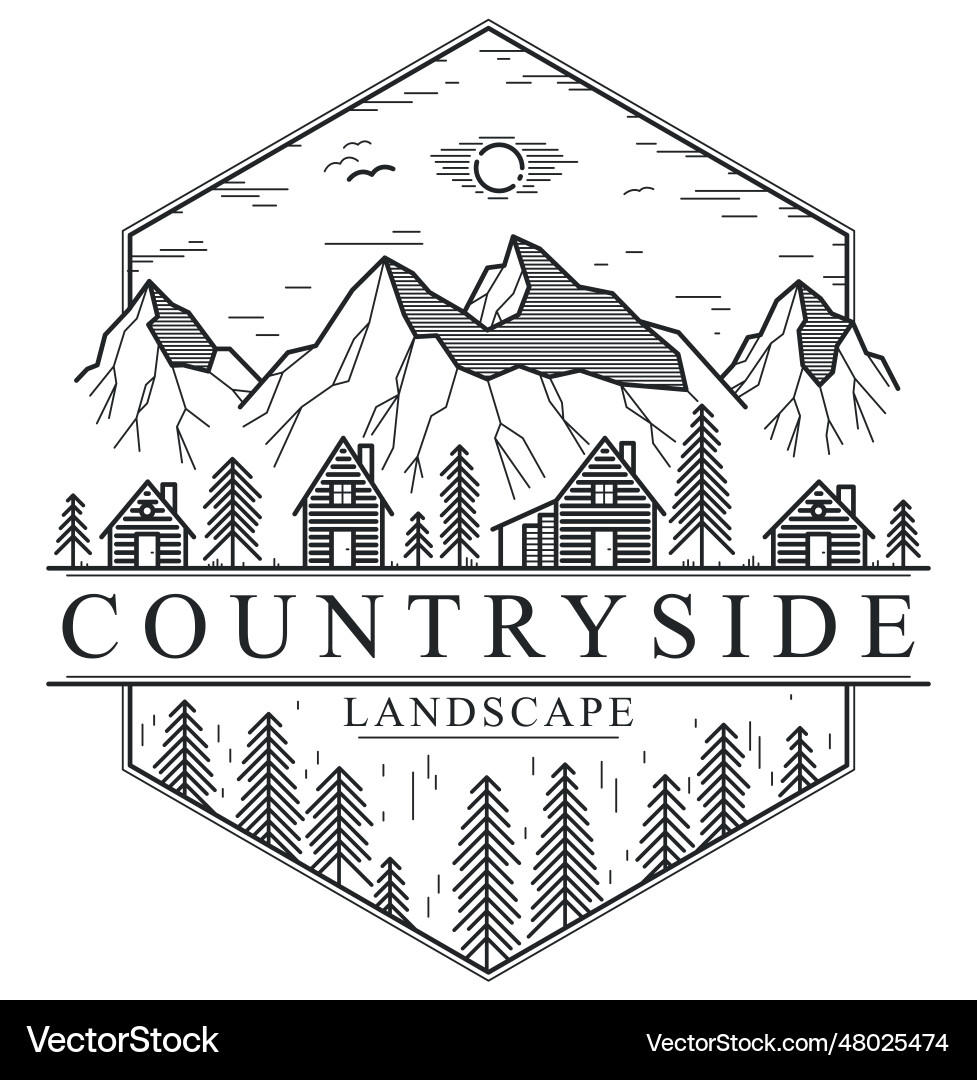 Rural village in mountains range linear emblem Vector Image
