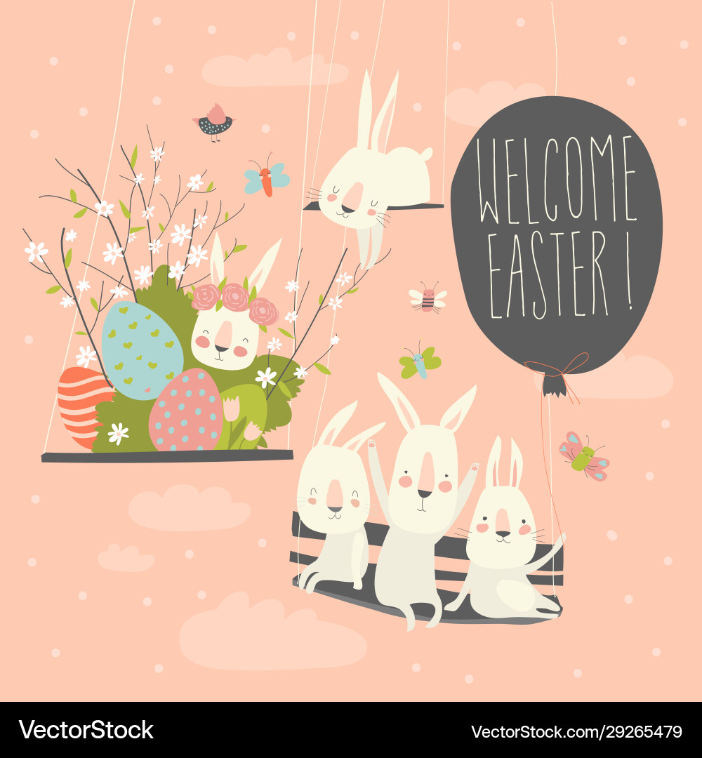 Cute cartoon bunny with easter eggs and flowers Vector Image