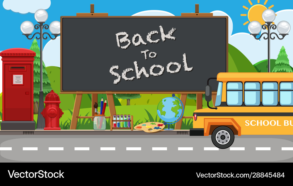 Back to school sign with many items and bus Vector Image