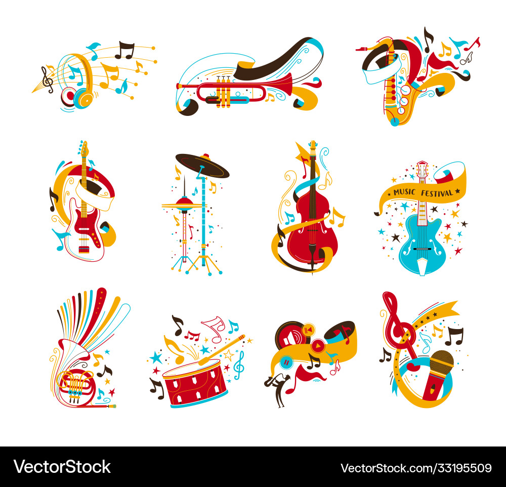 Festive musical instruments flat set Royalty Free Vector