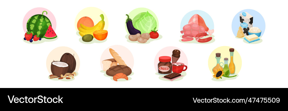 Food groups with dairy meat bread fruit Royalty Free Vector