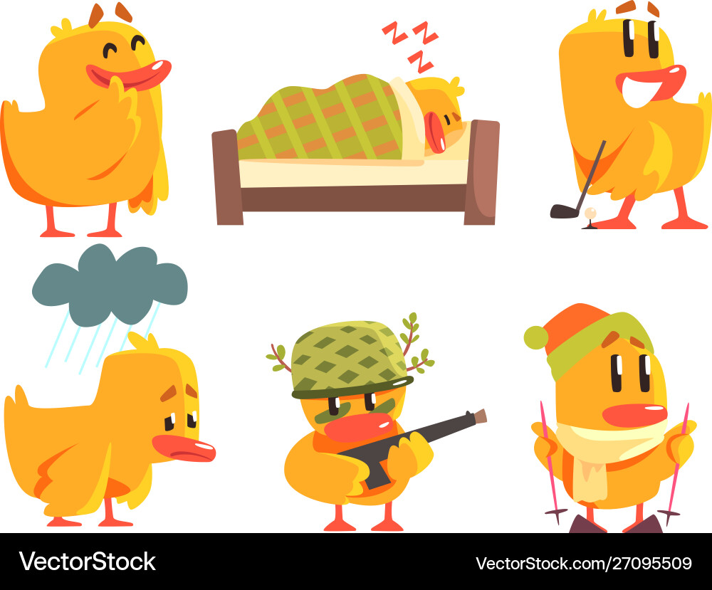 Funny yellow humanized chicken cartoon characters Vector Image