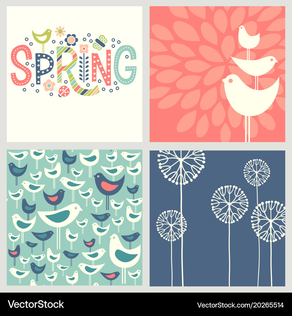 Retro spring birds flowers doodles Royalty Free Vector Image