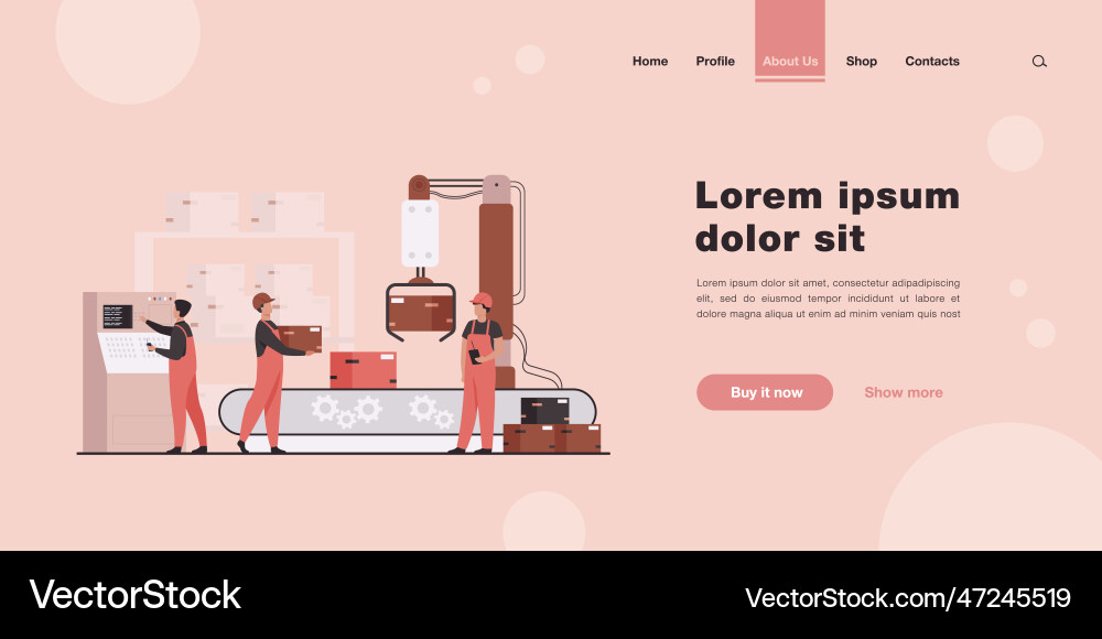 Factory workers and robotic arm removing packages Vector Image