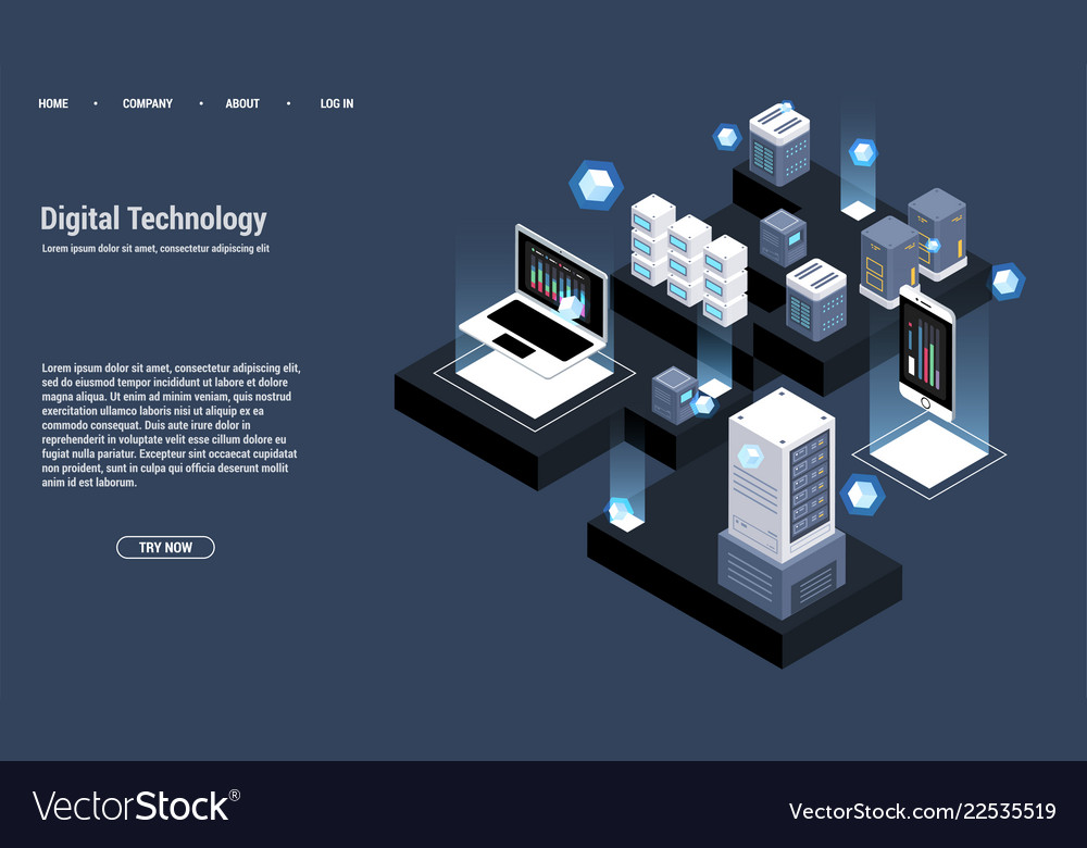 Isometric Server Room And Big Data Processing Vector Image