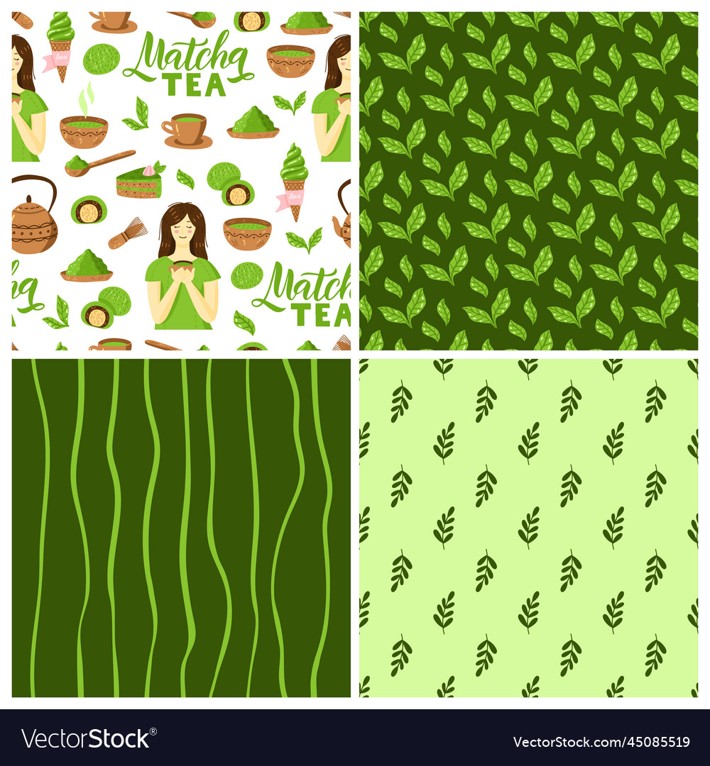 Matha tea leaf organic seamless pattern set Vector Image