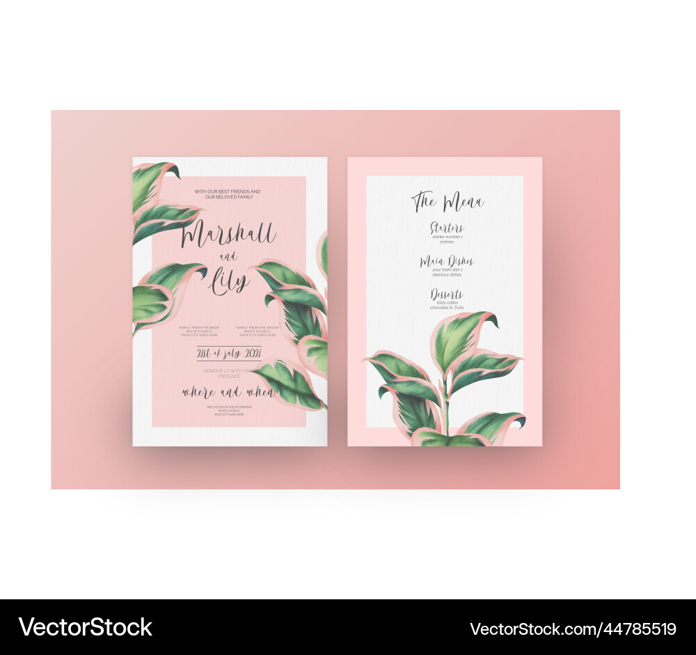 Pink green wedding invitation menu template design