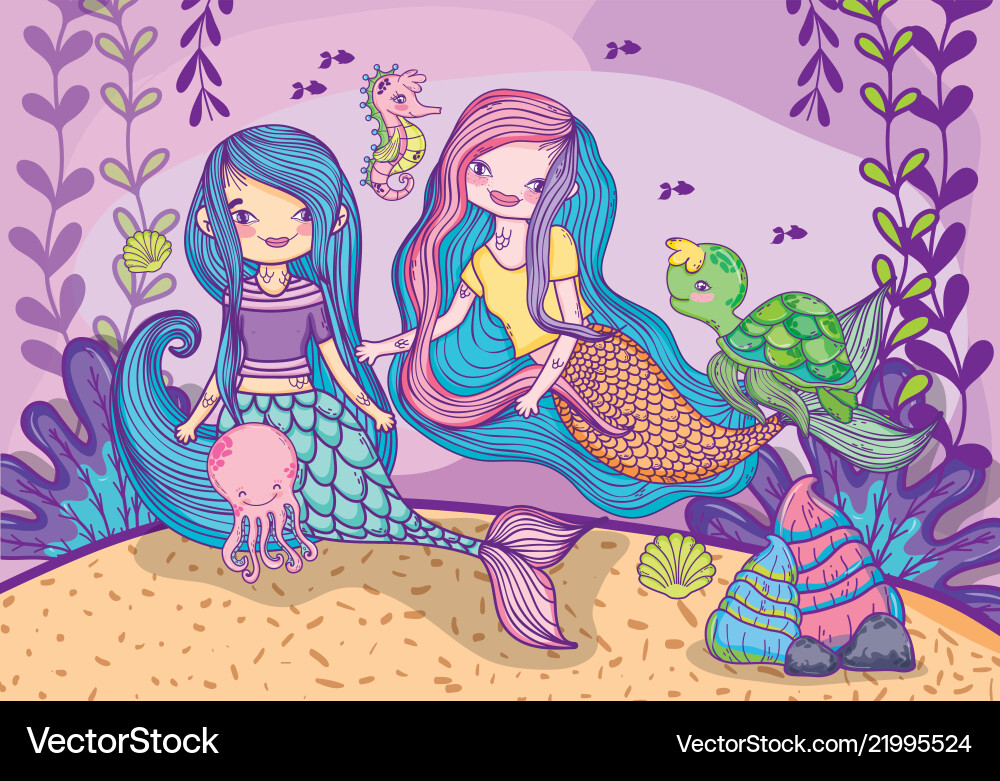 Mermaids friends under water with animals Vector Image
