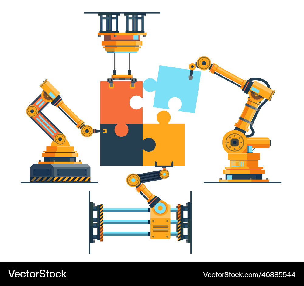 Four robotic arms assemble colorful puzzle robots Vector Image