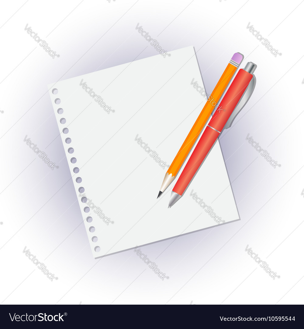 Pencil and pen on a blank sheet of notebook Vector Image
