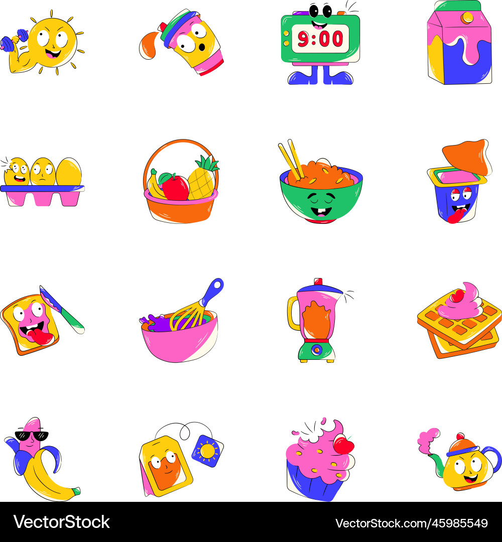 Bundle of healthy breakfast flat style stickers Vector Image