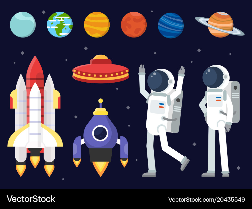 Set of planets space shuttles and astronauts in Vector Image