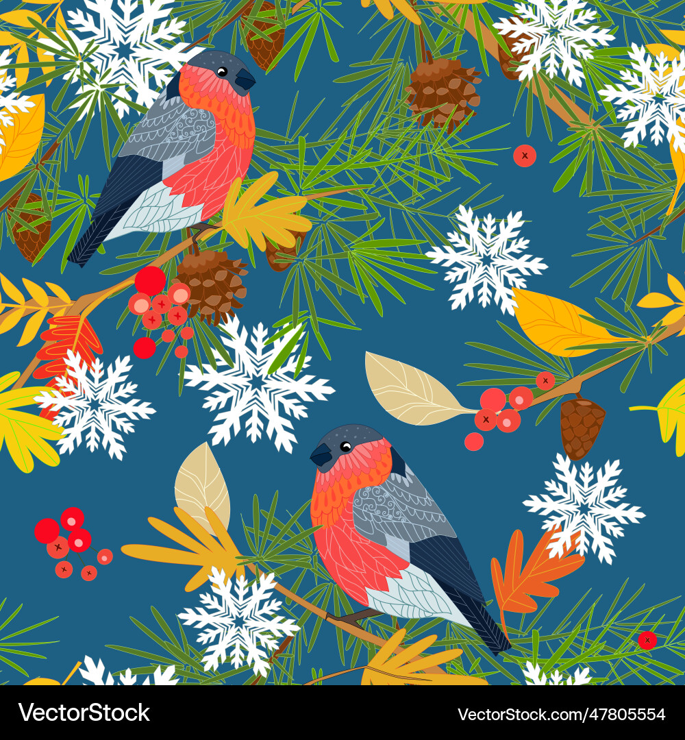 Night seamless texture with cute bullfinches Vector Image