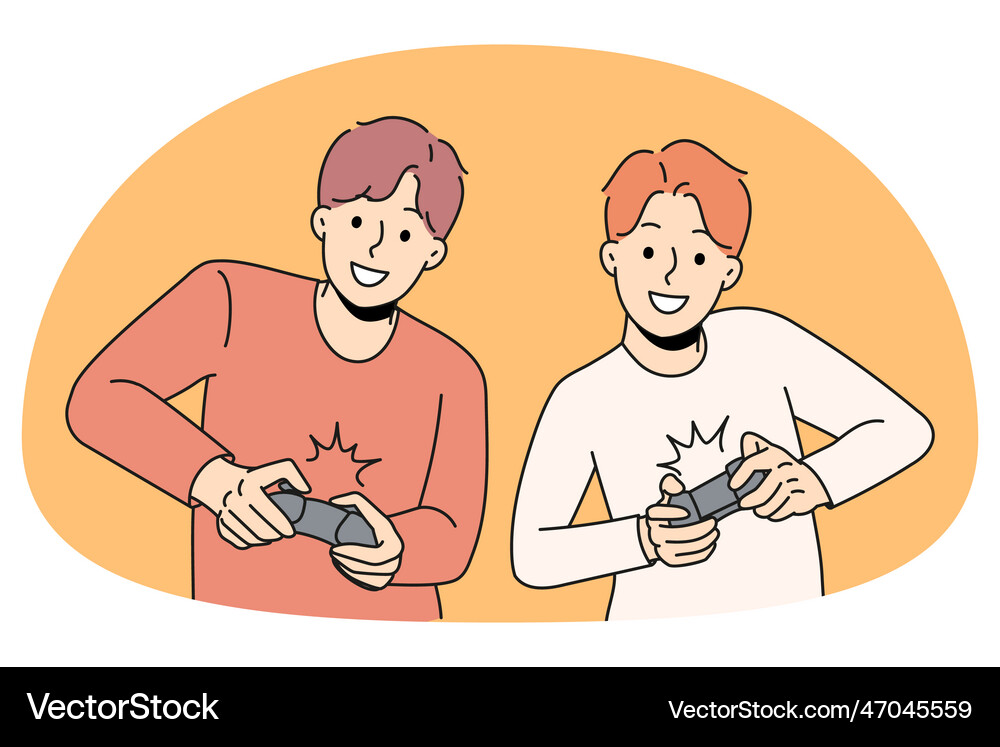 Happy guys have fun playing video games Royalty Free Vector
