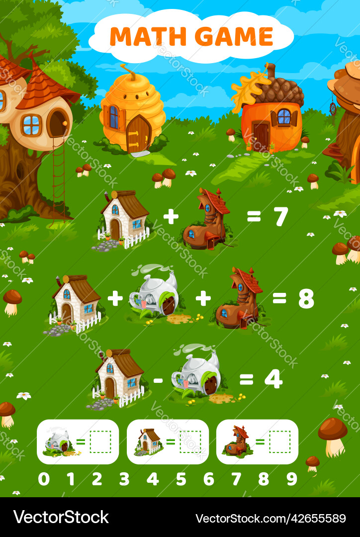 Cartoon fairytale houses on math game worksheet Vector Image