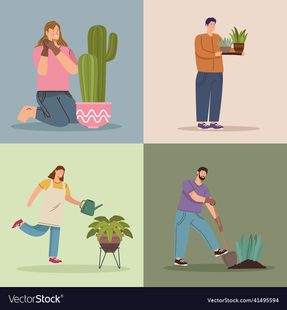 Four gardeners workers characters Royalty Free Vector Image Four gardeners workers characters Royalty Free Vector Image