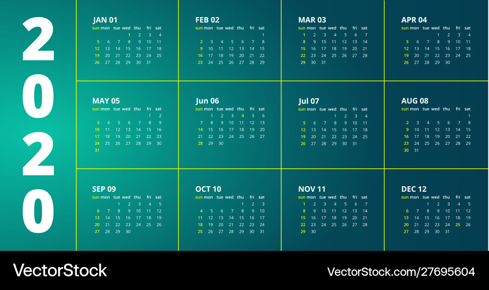 Horizontal 2020 calendar on green background Vector Image