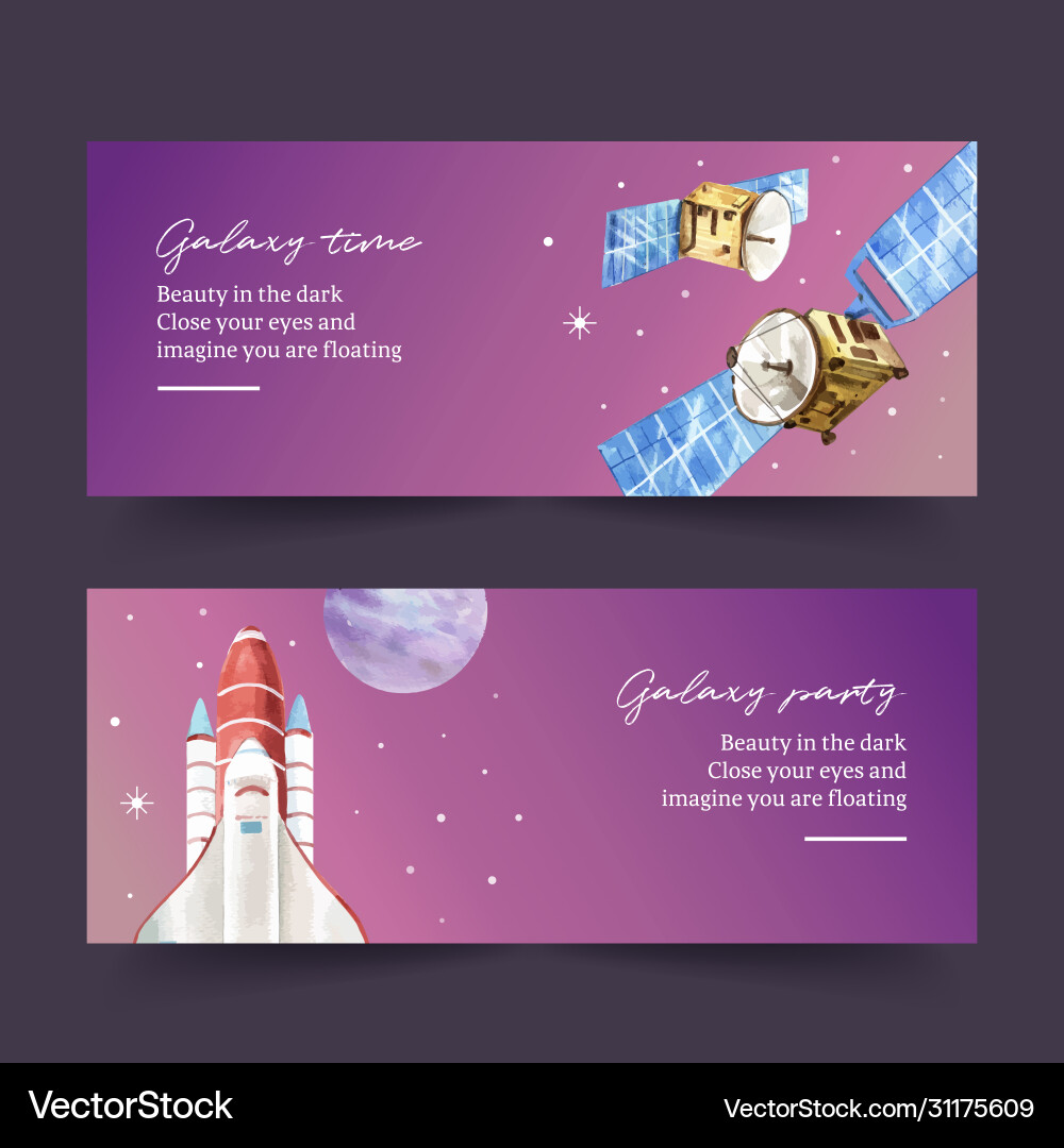 Galaxy banner design with satellite rocket Vector Image