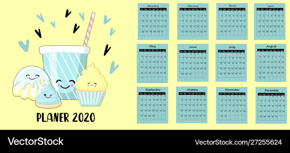 2020 calendar with funny characters planner Vector Image