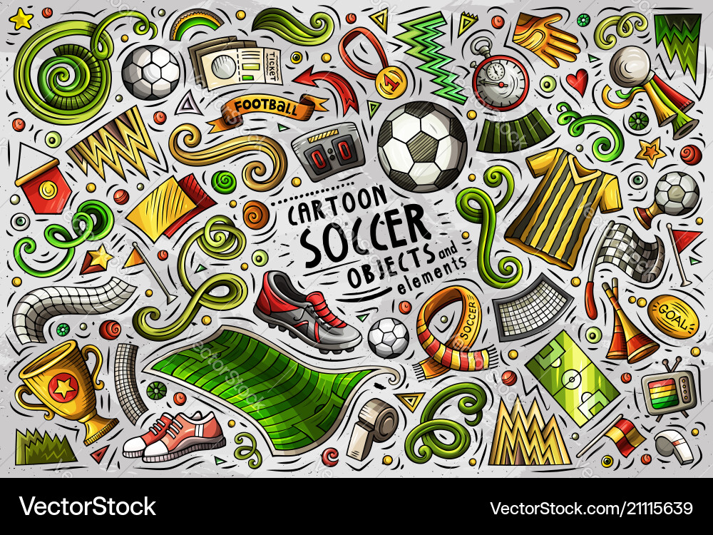 Doodle cartoon set of soccer objects Royalty Free Vector