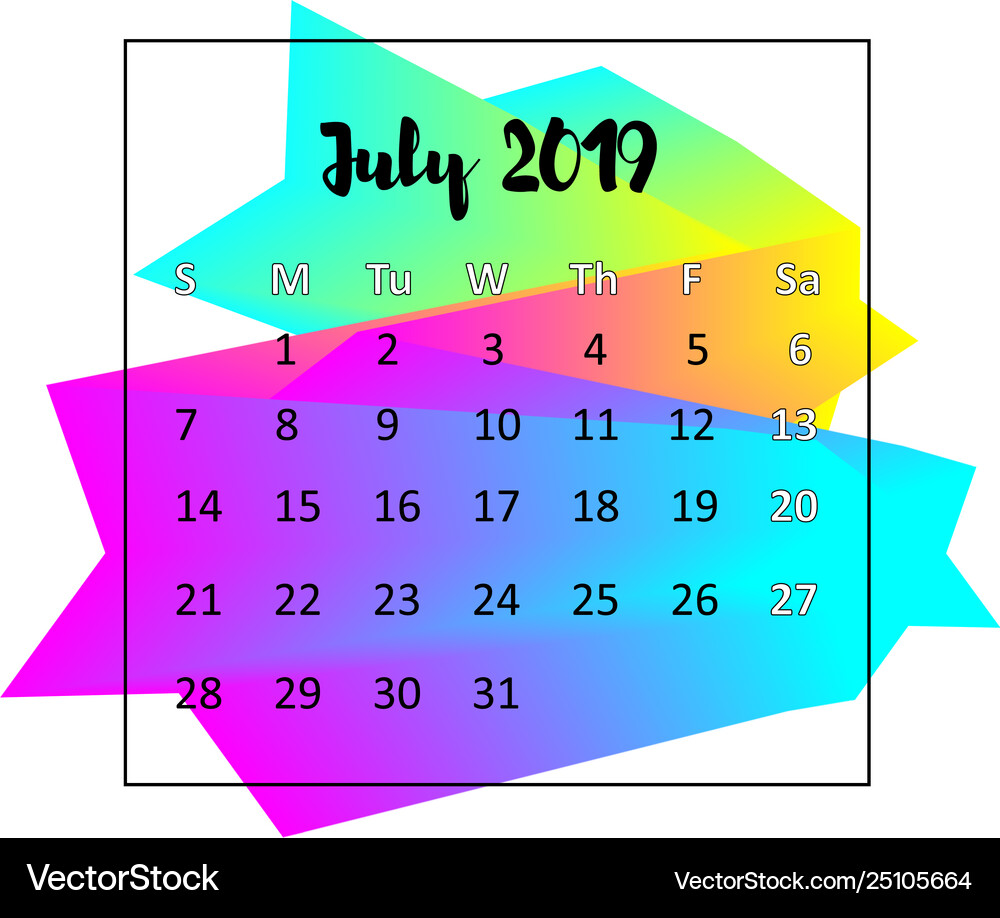 2019 calendar design concept july 2019 Royalty Free Vector