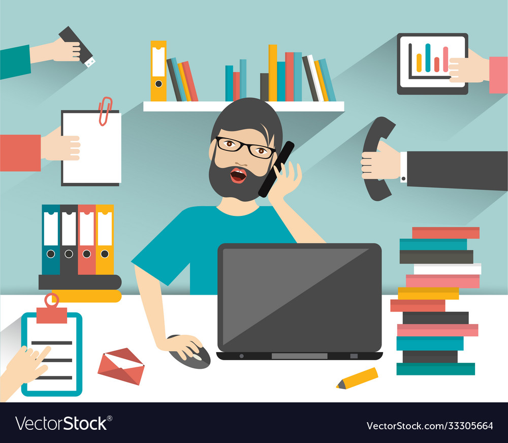 Hard working business man worksplace flat Vector Image Hard working business man worksplace flat Vector Image