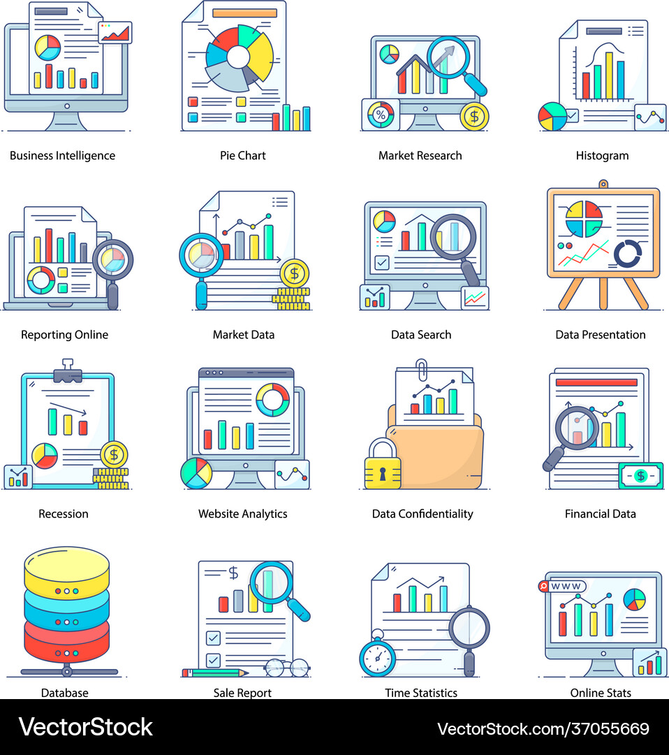 Pack finance and online reporting flat outline Vector Image