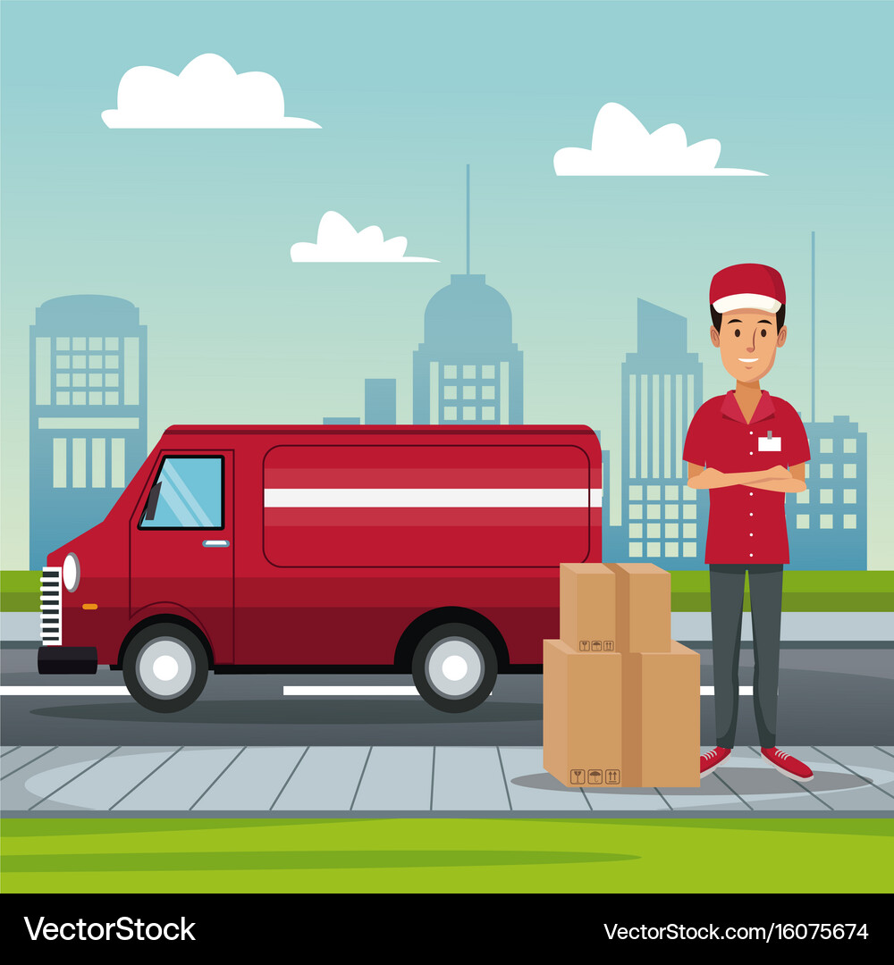 Poster city landscape with man worker Royalty Free Vector