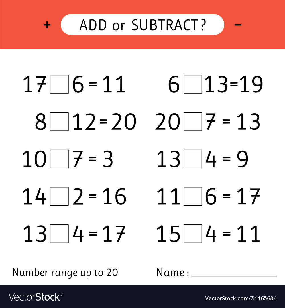 Add or subtract number range up to 20 addition Vector Image