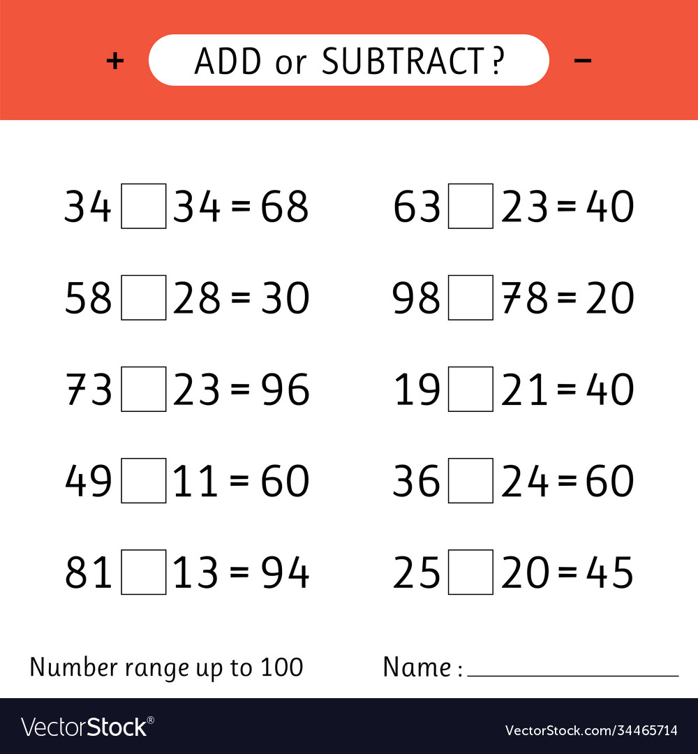Add or subtract number range up to 100 Royalty Free Vector Add or subtract number range up to 100 Royalty Free Vector