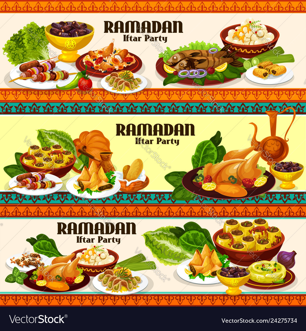 Ramadan iftar meat and fish dishes with dessert Vector Image