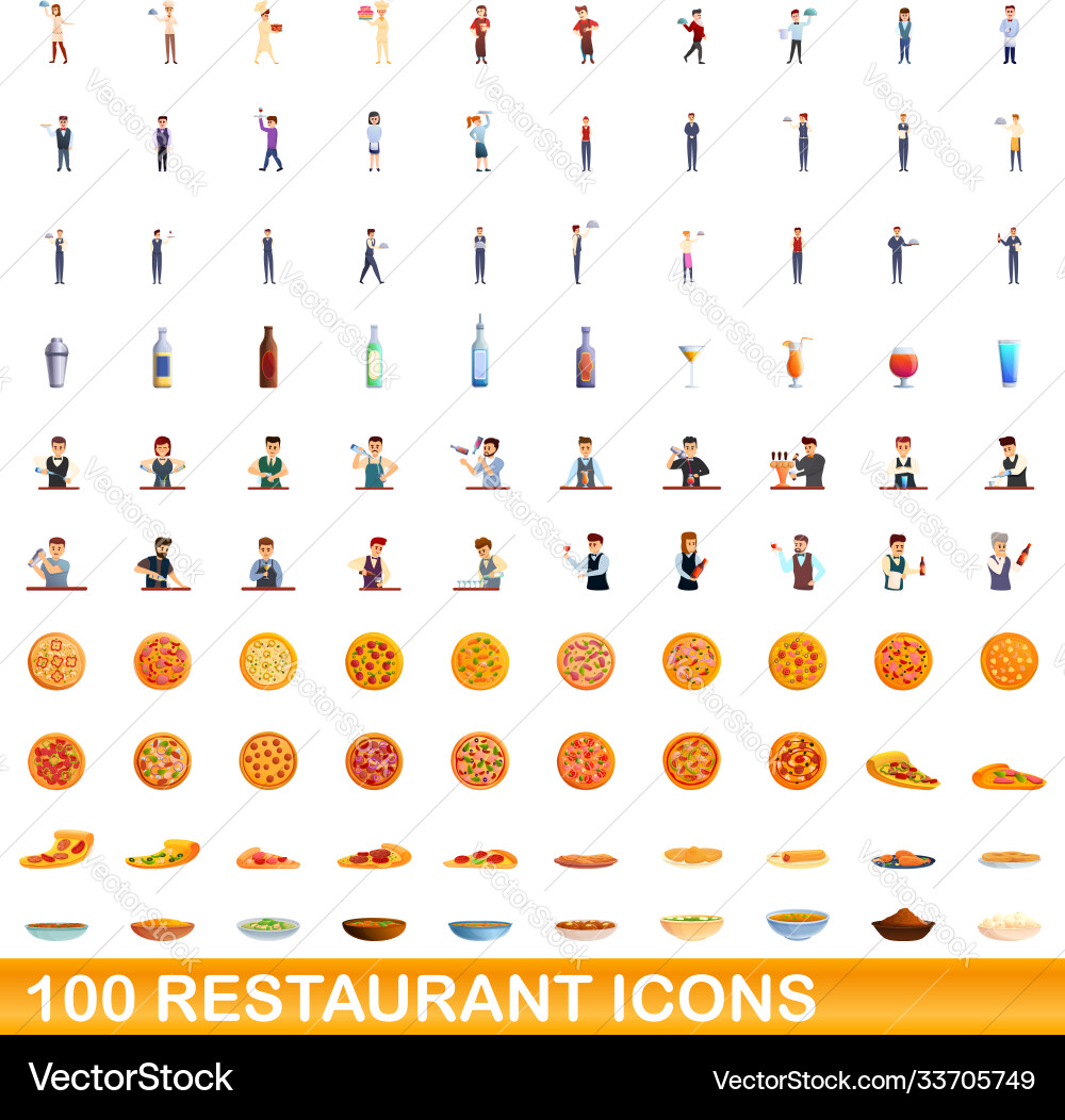 100 restaurant icons set cartoon style Royalty Free Vector