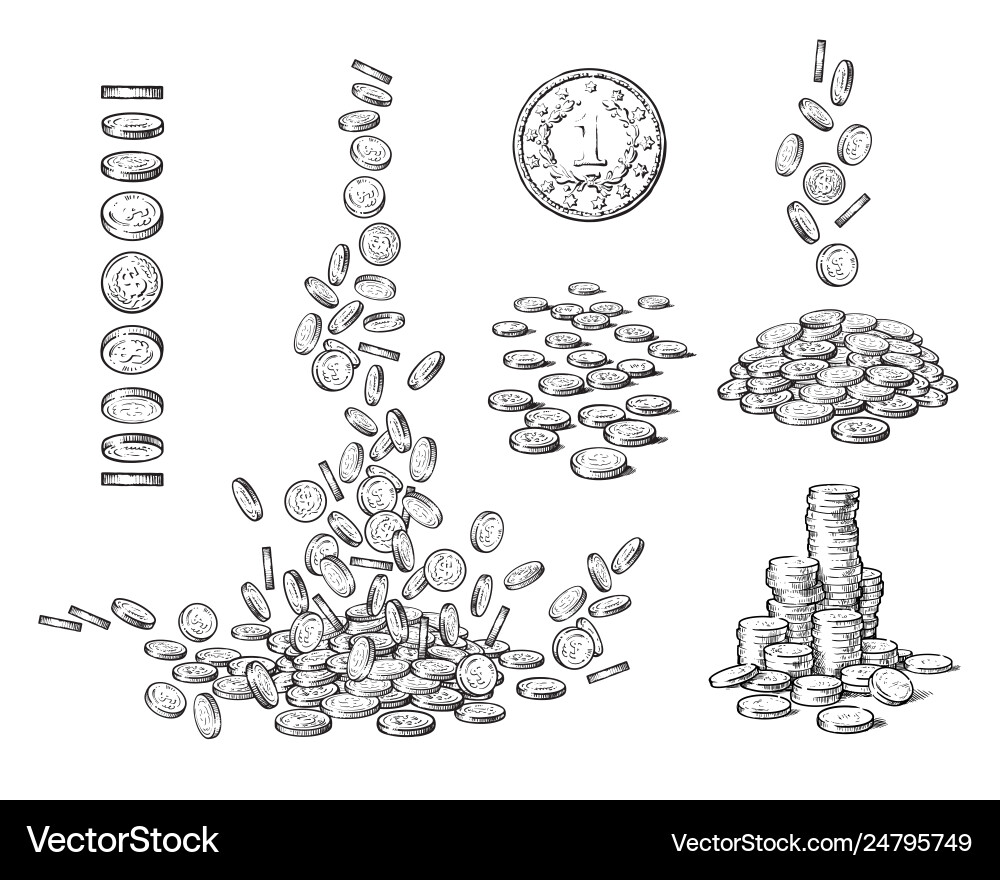 Sketch set coins in different positions old Vector Image