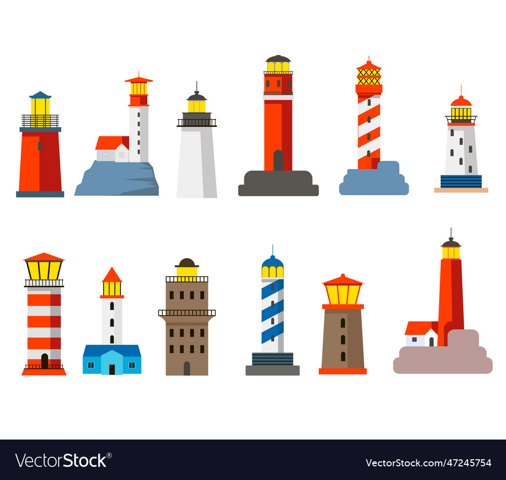 Set of colorful lighthouses cartoon Royalty Free Vector