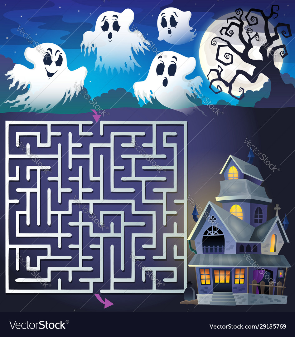 Maze 3 with ghosts and haunted house Royalty Free Vector