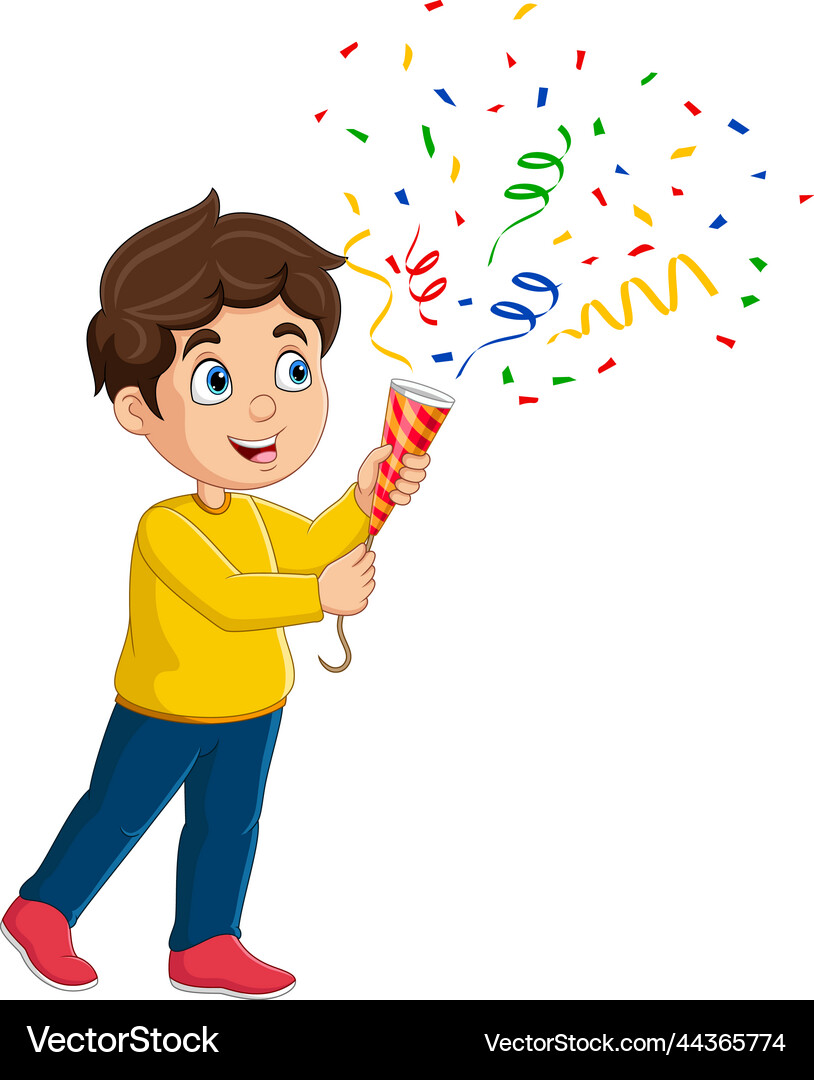 Cartoon little boy playing confetti popper Vector Image